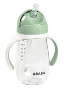 beaba straw sippy cup, sippy cup with removable handles, sippy cup with straw, baby straw cup, toddler cup, toddler straw cups, 8+ months, 10 oz, sage