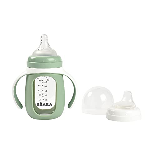 BEABA 2-in-1 Glass Baby Bottle to Glass Training Sippy Cup, Learning Cup, Baby Bottle with Soft Silicone Nipple and Sippy Spout, Baby, Toddler 7 oz (Sage)