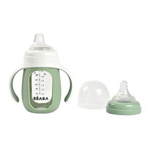 BEABA 2-in-1 Glass Baby Bottle to Glass Training Sippy Cup, Learning Cup, Baby Bottle with Soft Silicone Nipple and Sippy Spout, Baby, Toddler 7 oz (Sage)