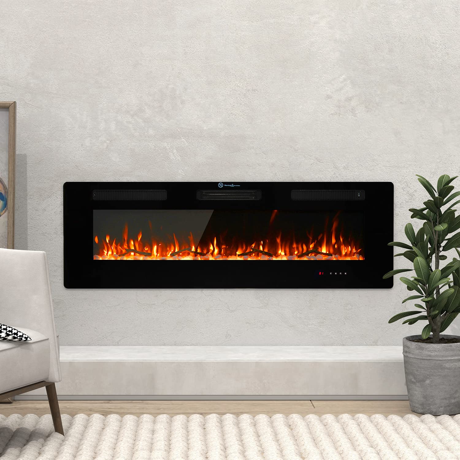 60" Electric Fireplace Recessed Ultra-Thin Insert, Wall Mounted and in-Wall Easy Installation with Remote Control, 700W/1400W, Low Noise (Fake Fire)