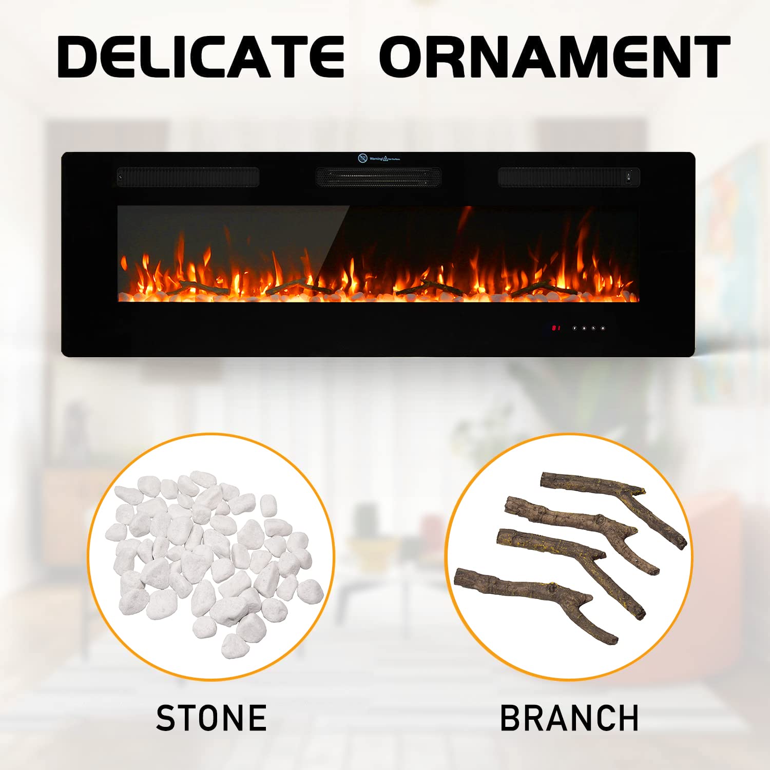 60" Electric Fireplace Recessed Ultra-Thin Insert, Wall Mounted and in-Wall Easy Installation with Remote Control, 700W/1400W, Low Noise (Fake Fire)