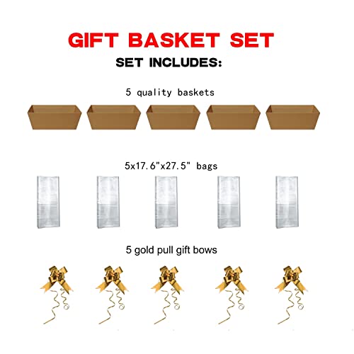 Basket For Gifts Empty, 5 PCS Sturdy Diy Bulk Gift Basket Kraft Market Tray Cardboard Basket With Handles, Gift Basket Kit Supplies Wrap To Fill For Holiday Birthday Christmas Valentines Thanksgiving