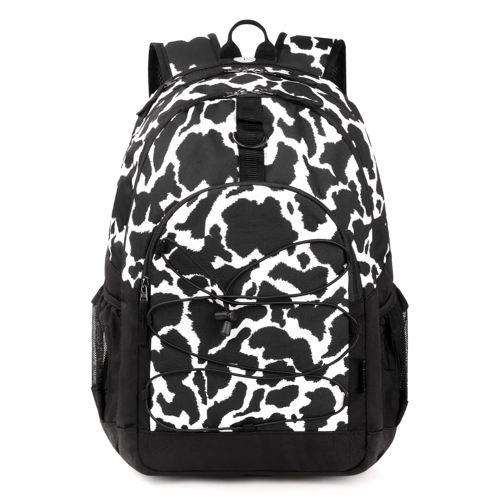 Choco Mocha Cow Print Backpack for Teen Girls, Travel School Backpack for Girls Middle School Large Bookbag 18 Inch, Black