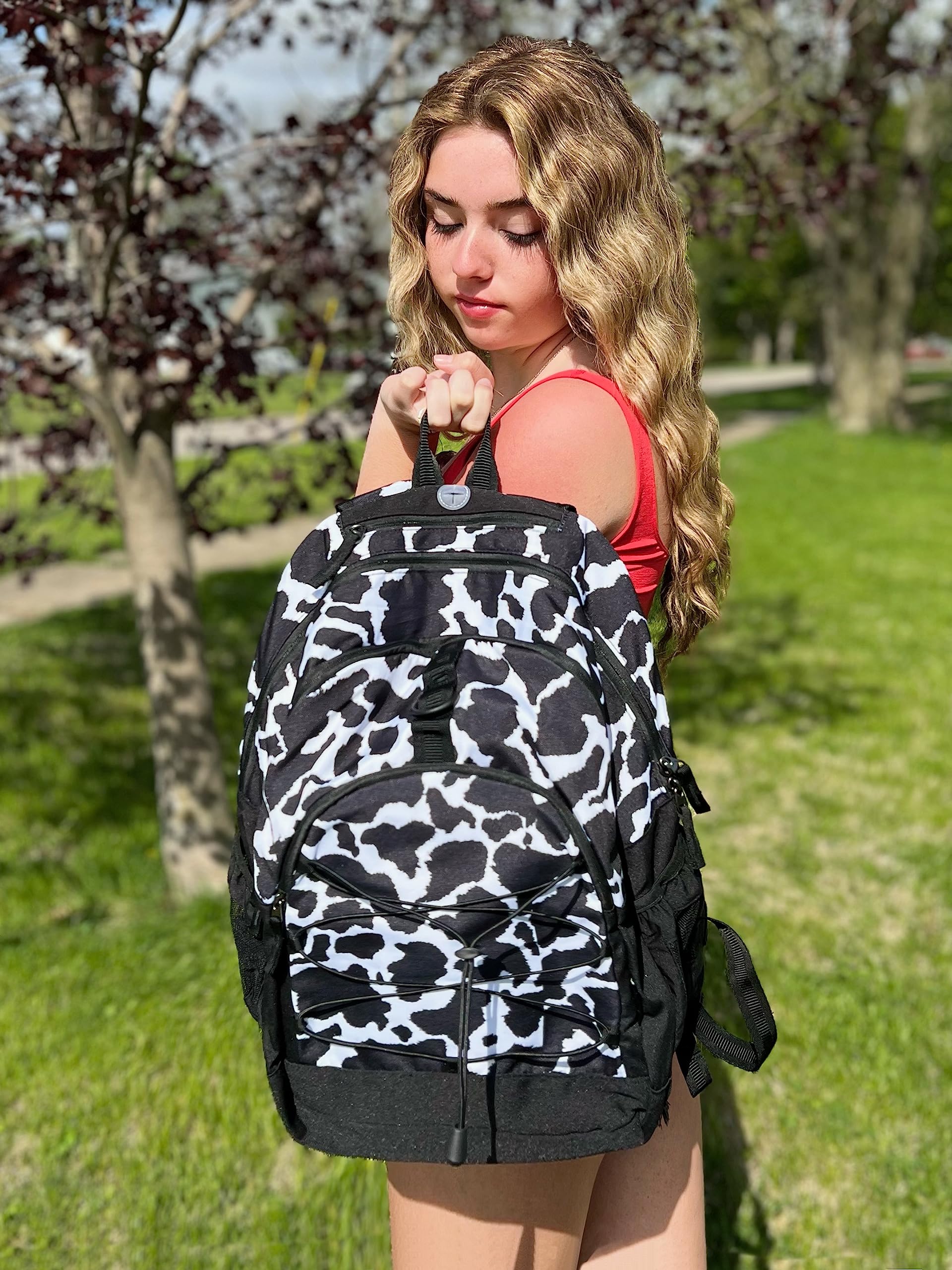 Choco Mocha Cow Print Backpack for Teen Girls, Travel School Backpack for Girls Middle School Large Bookbag 18 Inch, Black