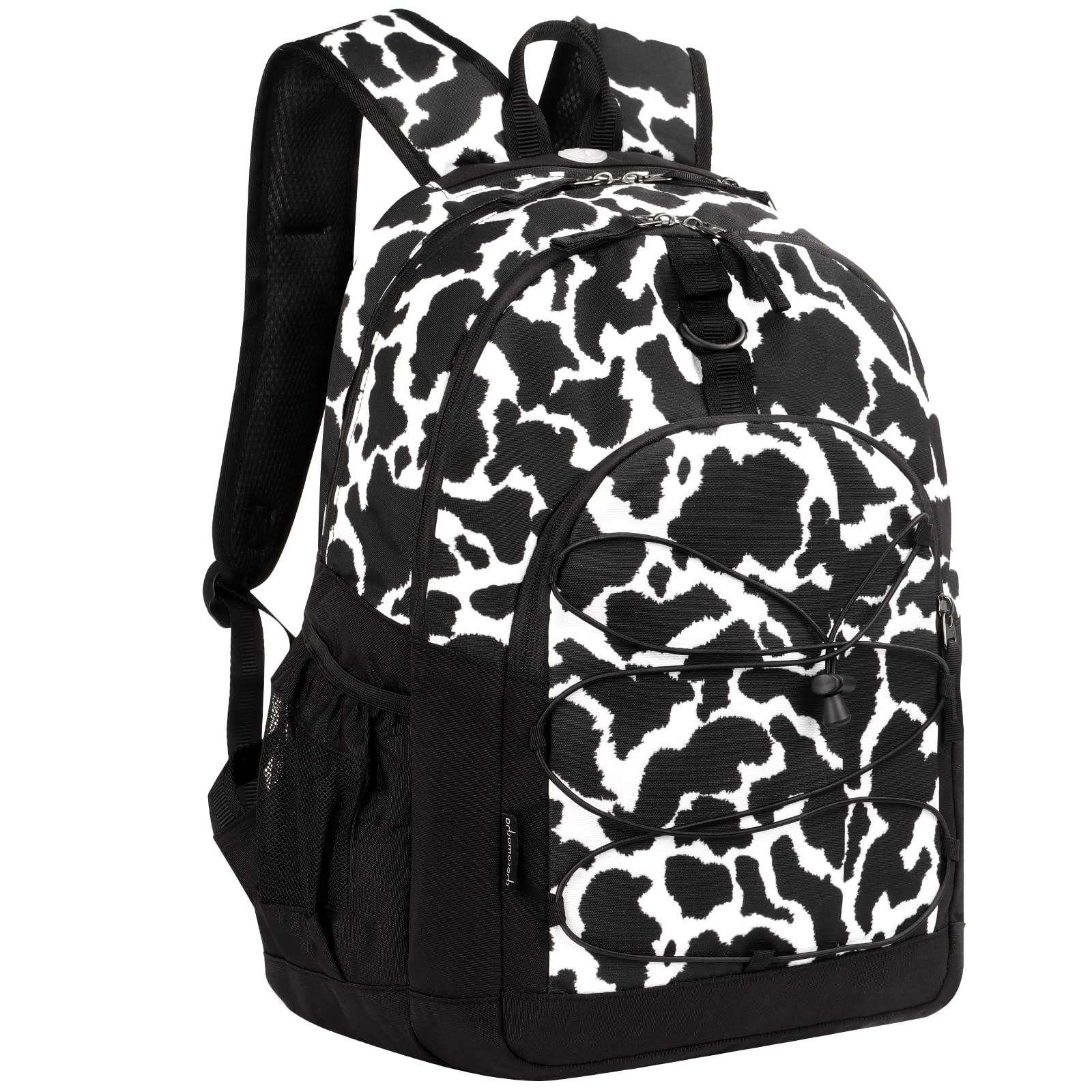 Choco Mocha Cow Print Backpack for Teen Girls, Travel School Backpack for Girls Middle School Large Bookbag 18 Inch, Black