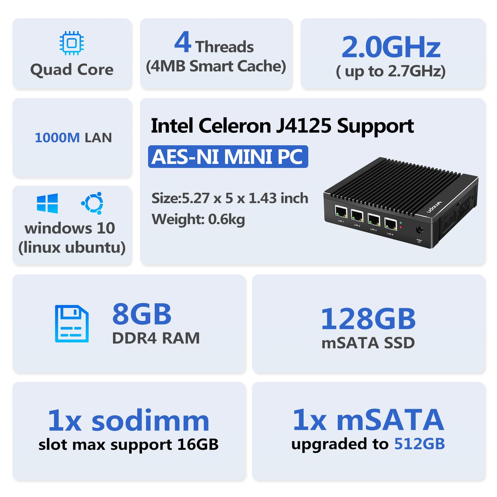 VNOPN Micro Firewall Appliance Intel J4125 Quad Core, 4 Intel 2.5GbE i225 LAN Ports Fanless Mini Computer 8GB RAM DDR4 128GB mSATA SSD, Network Gateway Soft Router PC, Support AES NI