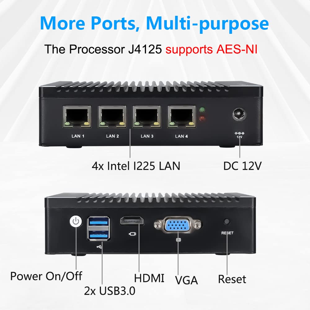 VNOPN Micro Firewall Appliance Intel J4125 Quad Core, 4 Intel 2.5GbE i225 LAN Ports Fanless Mini Computer 8GB RAM DDR4 128GB mSATA SSD, Network Gateway Soft Router PC, Support AES NI