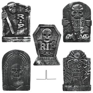 halloween foam rip graveyard tombstones (5 pack), headstone halloween yard decorations with 10 metal stakes, foam tombstone halloween decorations for lawn yard garden outdoor indoor decorations