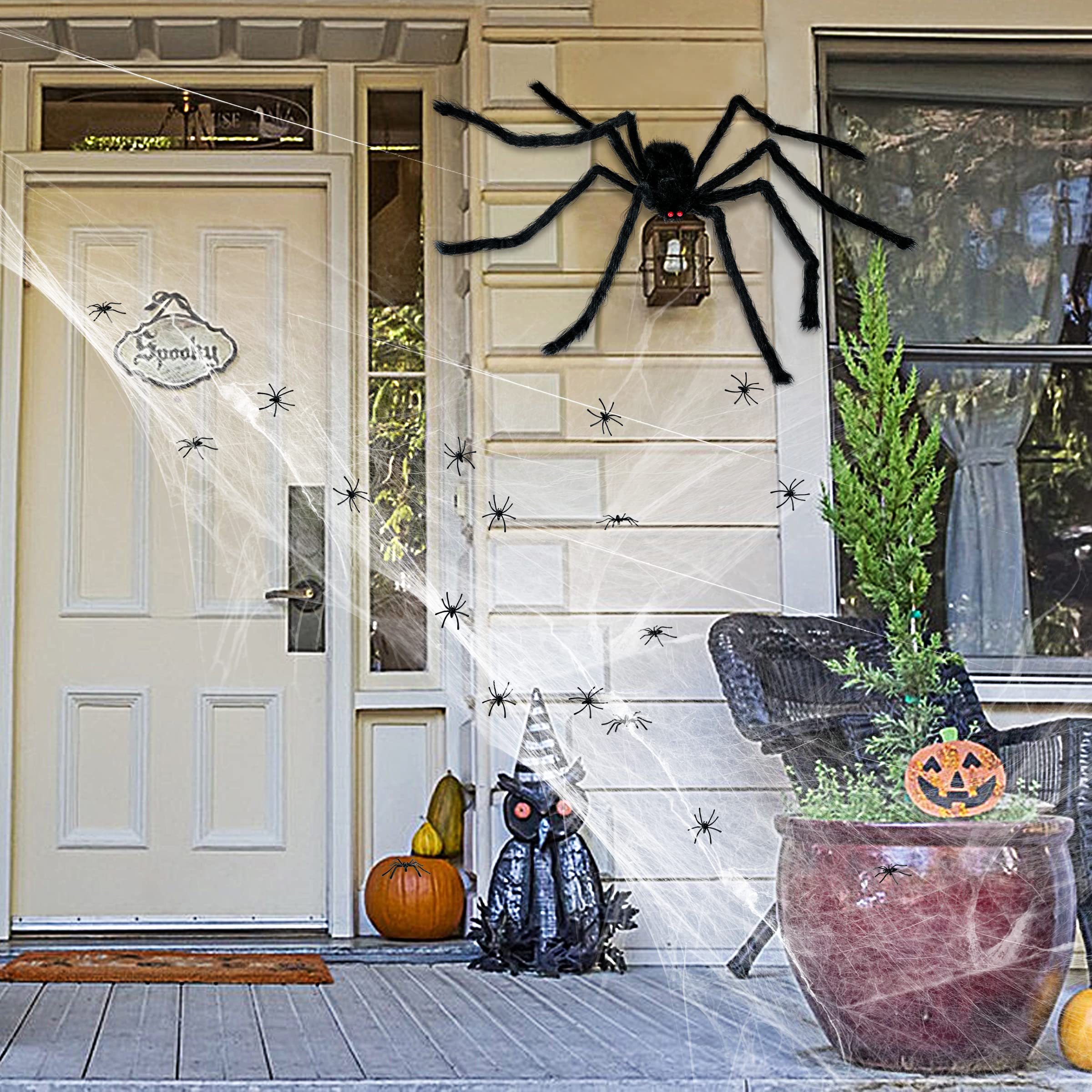 TDHDIKE 200" Halloween Spider Web 59" Giant Spider Decorations Black Triangular Huge Spider Web for Indoor Outdoor Halloween Decorations 20 Small Plastic Spiders 40g Stretch Spider Webs Black