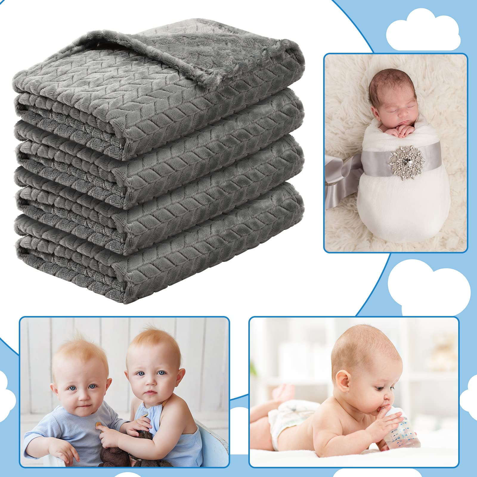 Chumia 4 Pcs Baby Blanket Flannel, Cozy Throw Fuzzy Blanket for Newborn Sherpa Blanket Crib(Light Gray, 24 x 32 Inch)