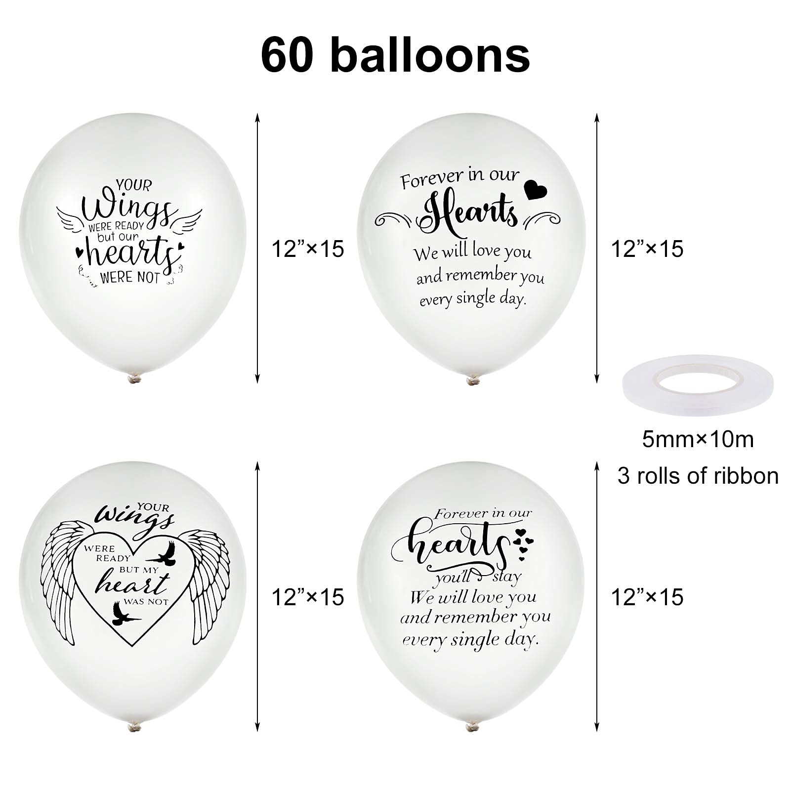 Chenkaiyang 60 Pcs Memorial Balloons White Funeral Balloons White Latex Balloons 12 in with 3 Roll White Balloon Ribbon for Funeral Decoration(Wing)