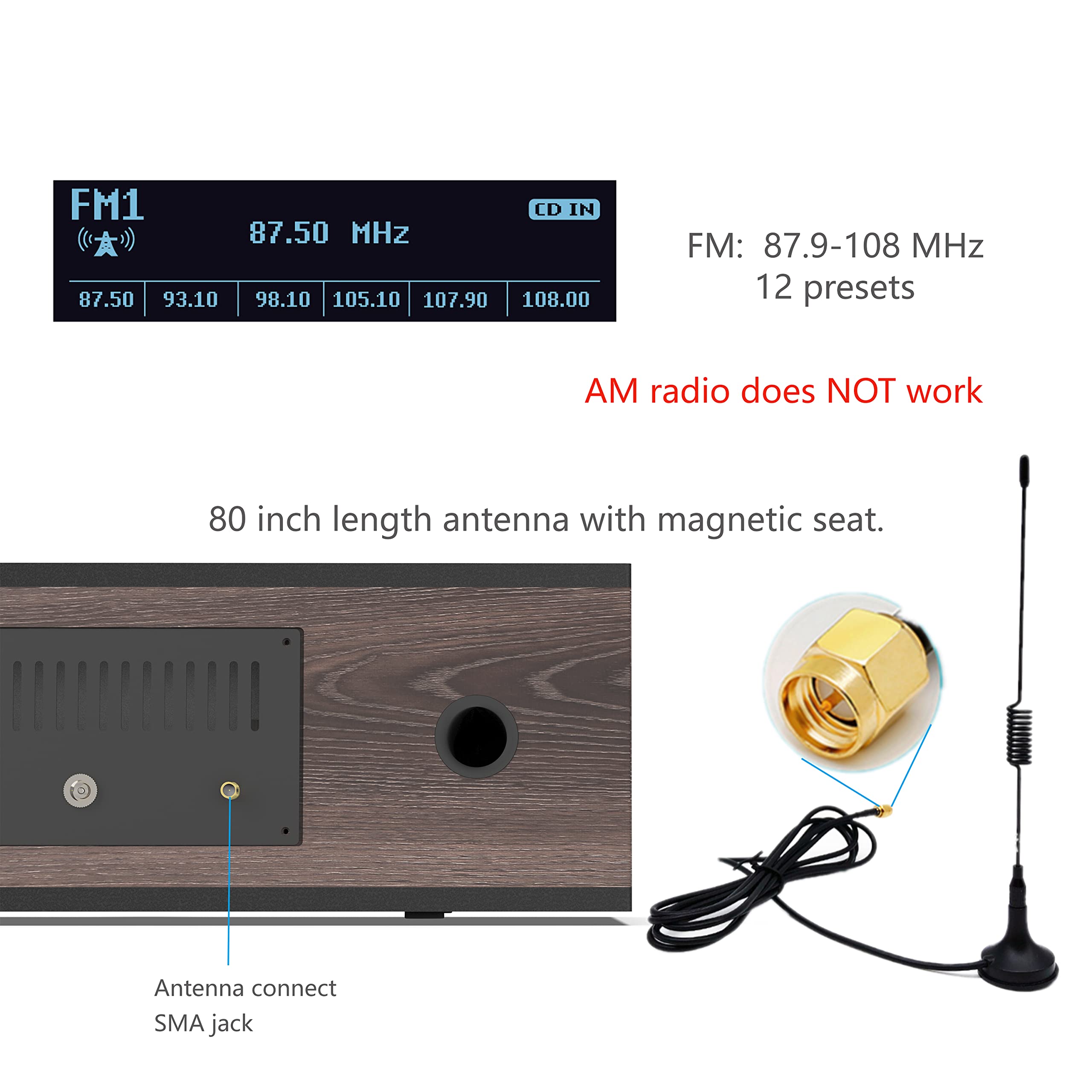 KEiiD Retro CD Players for Home with Speakers Wooden Booombox Stereo System with Bluetooth Receiver FM Radio Tuner USB AUX, Bass/Treble Adjustable