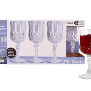 PARTY BARGAINS 4 Crystal-Like Wine Glasses (8oz) - Clear Shatterproof Elegant Hard Plastic Wine Glass with Stem, for Pool Parties, Outdoors, Receptions, Weddings