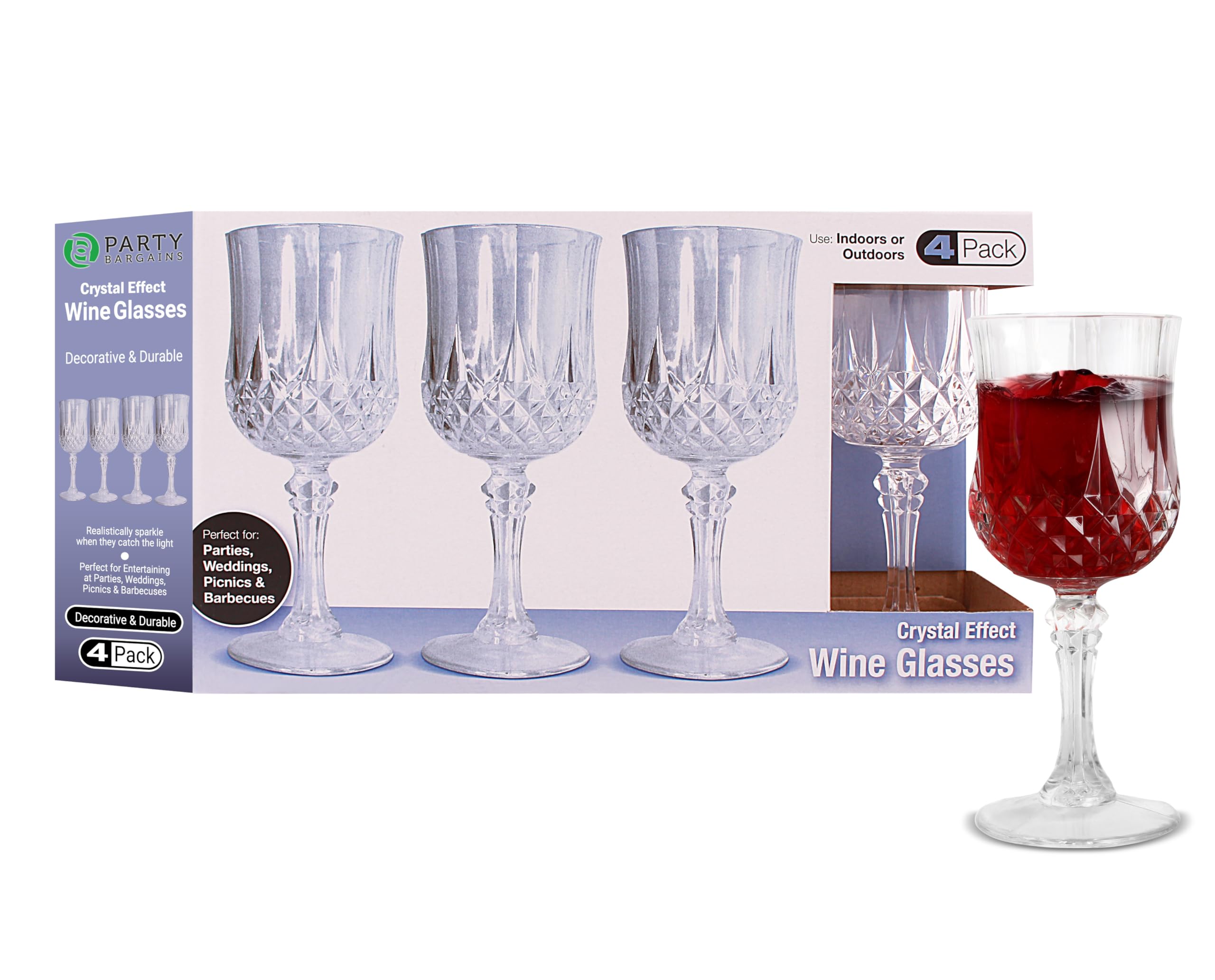 PARTY BARGAINS 4 Crystal-Like Wine Glasses (8oz) - Clear Shatterproof Elegant Hard Plastic Wine Glass with Stem, for Pool Parties, Outdoors, Receptions, Weddings