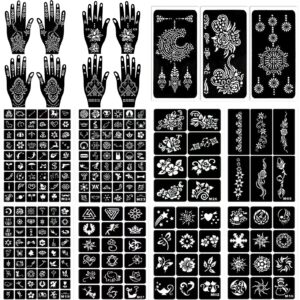 churlchurl 229pcs henna tattoo stencils, 19 sheets temporary tattoo stencils for women girls kids face body paint diy art glitter airbrush tattoo stencils pack