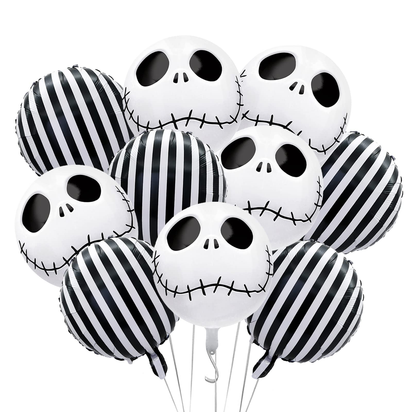 10Pcs Halloween Balloons Decorations Happy Halloween Party Foil Mylar Balloons Halloween Skull Balloons Black White Strip Balloons for Halloween Birthday Baby Shower Wedding Party Decor Supplies