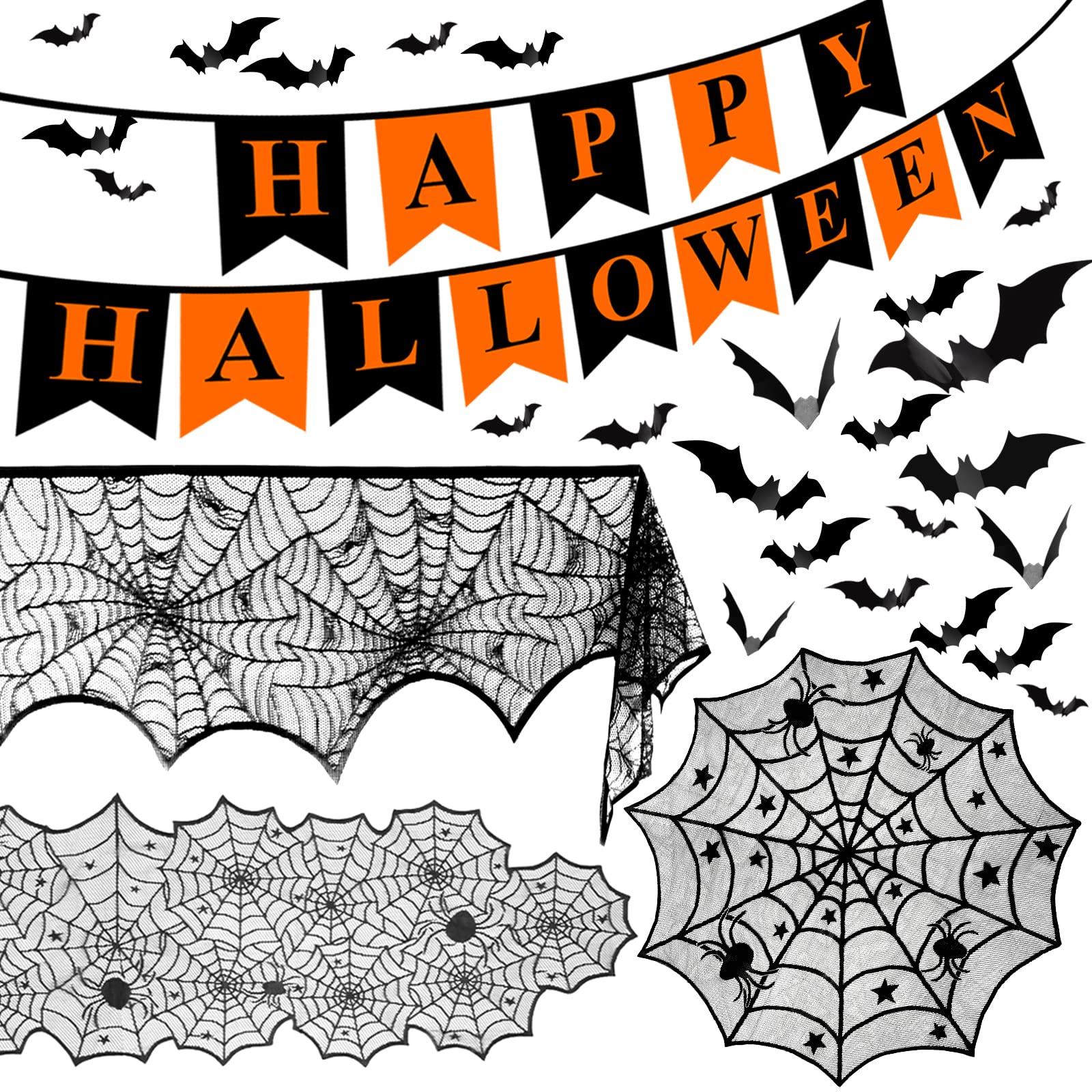 Halloween Decorations Indoor Set , -Halloween Fireplace Mantel Scarf & Round Table Cover & Lace Table Runner &Halloween Banner & 60 pcs Scary 3D Bat for Halloween Party Decorations Black