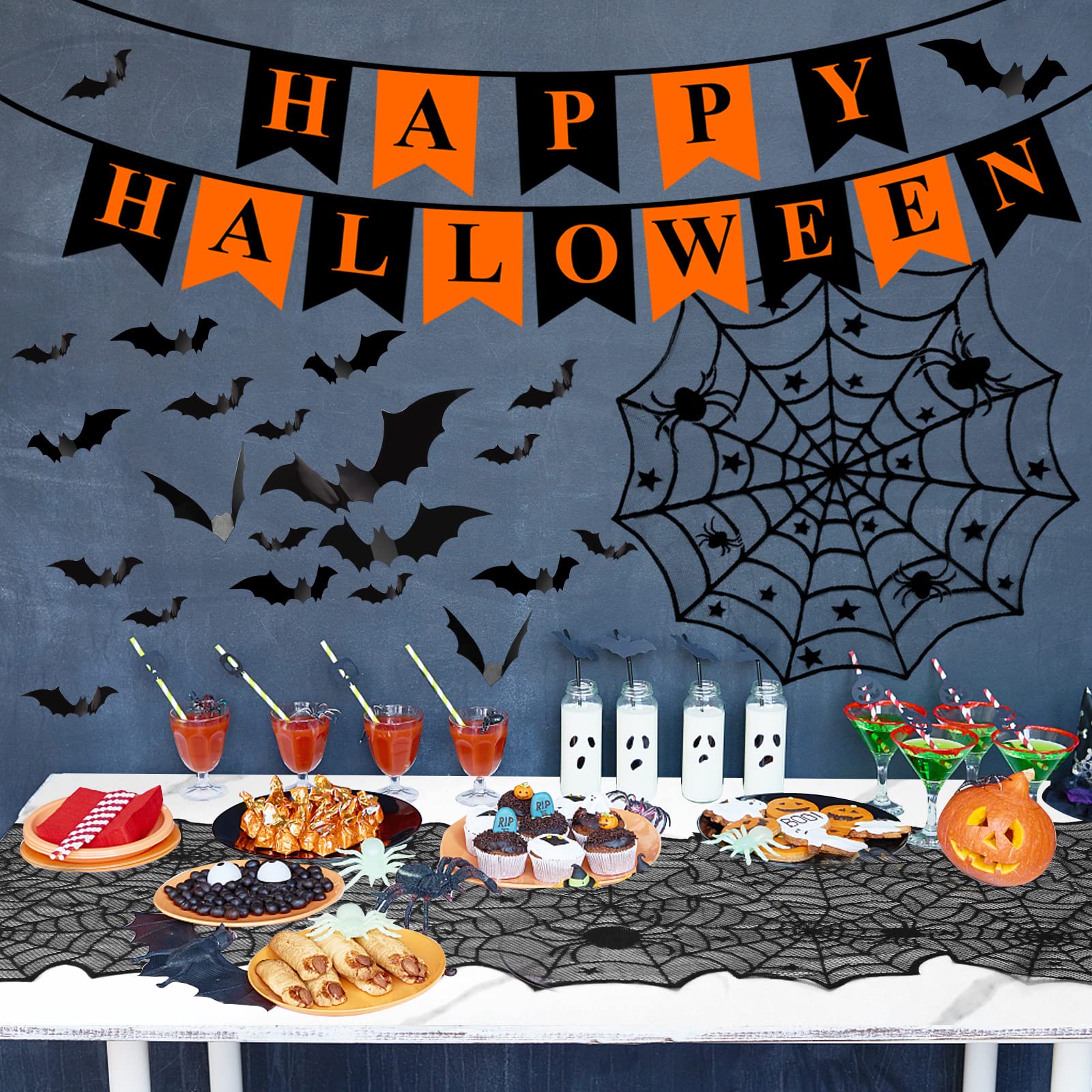 Halloween Decorations Indoor Set , -Halloween Fireplace Mantel Scarf & Round Table Cover & Lace Table Runner &Halloween Banner & 60 pcs Scary 3D Bat for Halloween Party Decorations Black