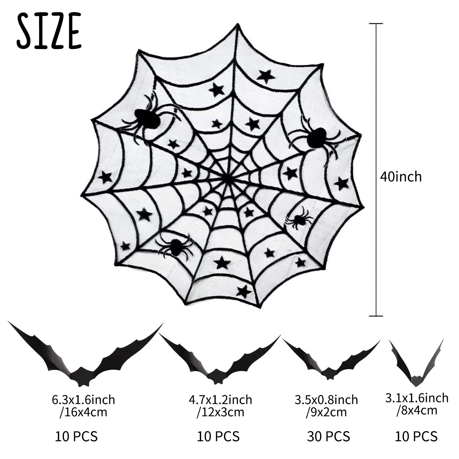 Halloween Decorations Indoor Set , -Halloween Fireplace Mantel Scarf & Round Table Cover & Lace Table Runner &Halloween Banner & 60 pcs Scary 3D Bat for Halloween Party Decorations Black