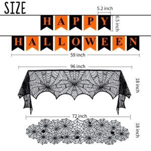 Halloween Decorations Indoor Set , -Halloween Fireplace Mantel Scarf & Round Table Cover & Lace Table Runner &Halloween Banner & 60 pcs Scary 3D Bat for Halloween Party Decorations Black