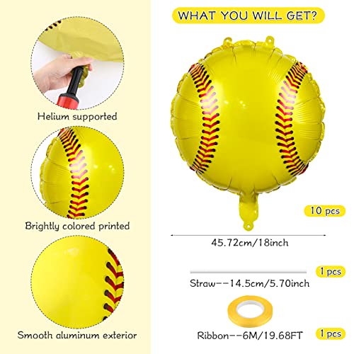 10 Pieces Softball Balloons Decorations,18 inches Softball Foil Balloons for Sports Themed Birthday Party Supplies Softball Balloons for Girls Kids Teens Birthday Baby Shower Party Decoration