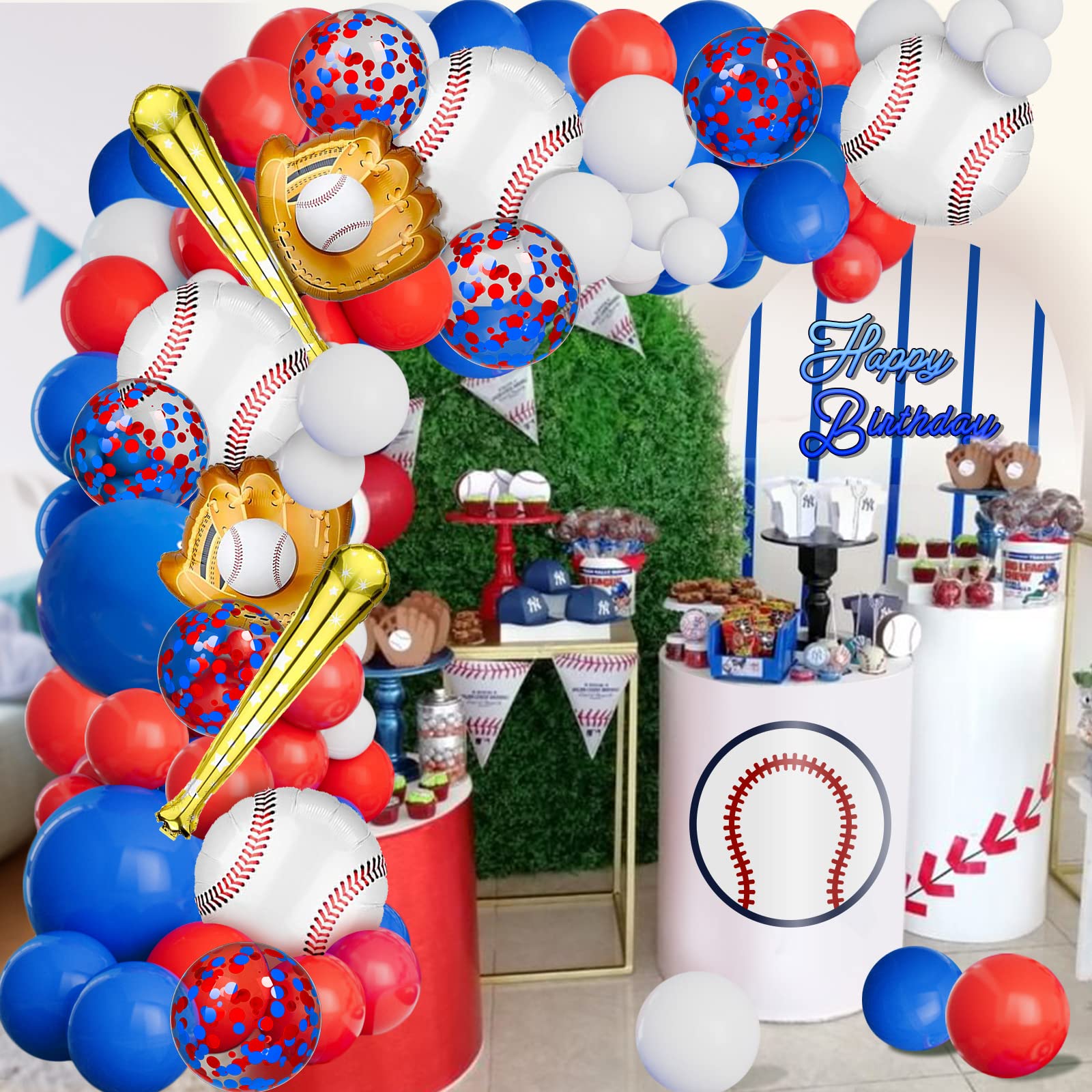 AobkDeco Baseball Balloon Garland Arch Kit Baseball Party Decorations with 113pcs Red White Blue Confetti Latex Balloons Baseball Foil Balloons for Baseball Theme Birthday Party Supplies Baby Shower