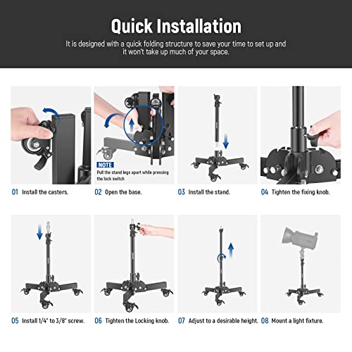 NEEWER Heavy Duty Light Stand with Casters, 2.4ft Max Height Foldable Tripod Stand for Low-Angle/Tabletop Shooting, Photography Light Stand for Softbox, Monolight and Other Photographic Equipment