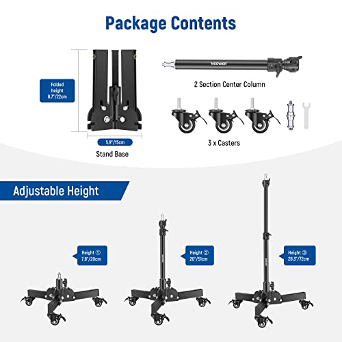 NEEWER Heavy Duty Light Stand with Casters, 2.4ft Max Height Foldable Tripod Stand for Low-Angle/Tabletop Shooting, Photography Light Stand for Softbox, Monolight and Other Photographic Equipment