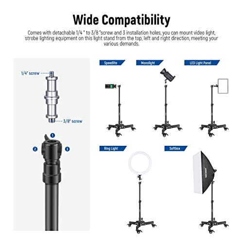 NEEWER Heavy Duty Light Stand with Casters, 2.4ft Max Height Foldable Tripod Stand for Low-Angle/Tabletop Shooting, Photography Light Stand for Softbox, Monolight and Other Photographic Equipment