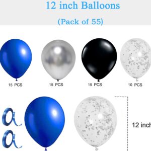 Royal Blue Black Balloons Kit,12inch Blue Black Silver Balloons,55piece Navy Blue Sliver Confetti Balloons for Boy Birthday Party Video Gaming Birthday Party Baby Shower Graduation Party Decorations