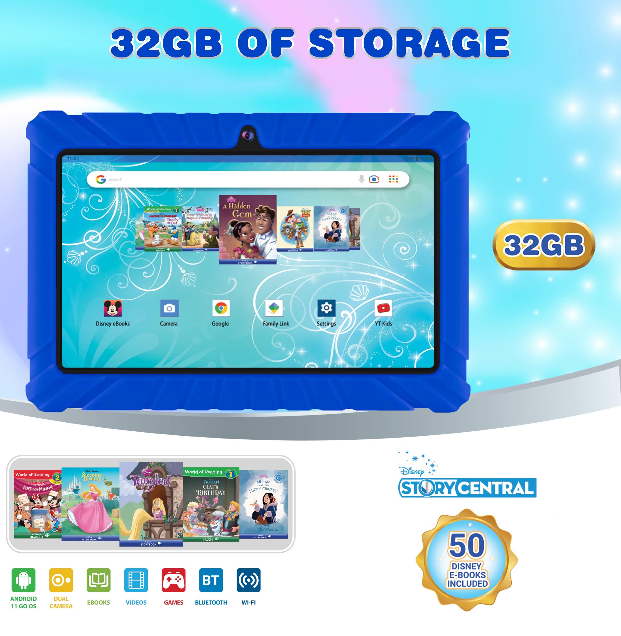 Contixo V8 7” Kids Tablet, 2GB RAM, 32GB Storage, Android 11 GO, Ultimate Learning Tablet for Children with 50+ Disney Storybooks, Kid Proof Protection Case, DkBlue