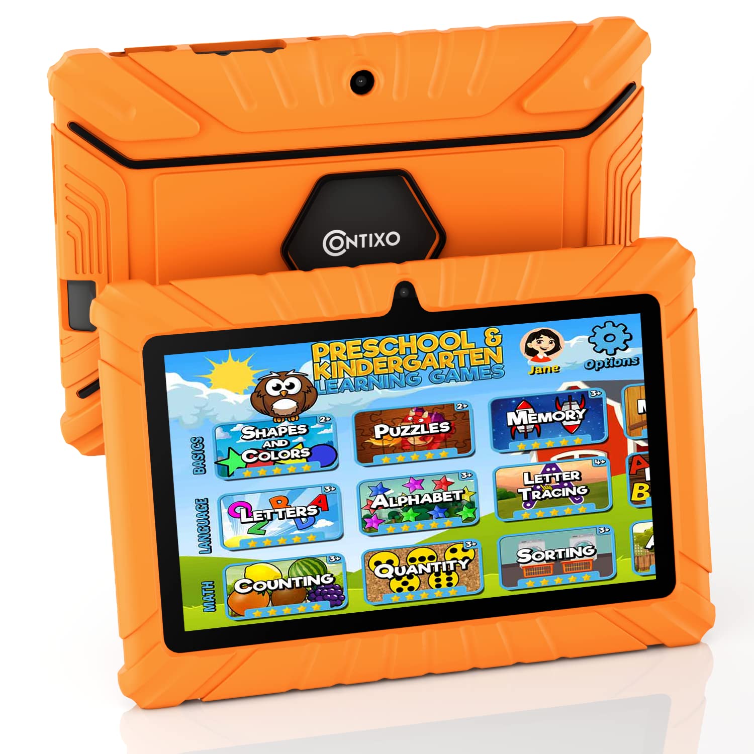 Contixo V8-4 7” Kids Tablet, 2GB RAM, 16GB Storage, Android 11 GO, Ultimate Learning Tablet for Children with Teacher’s Approved Apps, Kid Proof Protection Case Orange