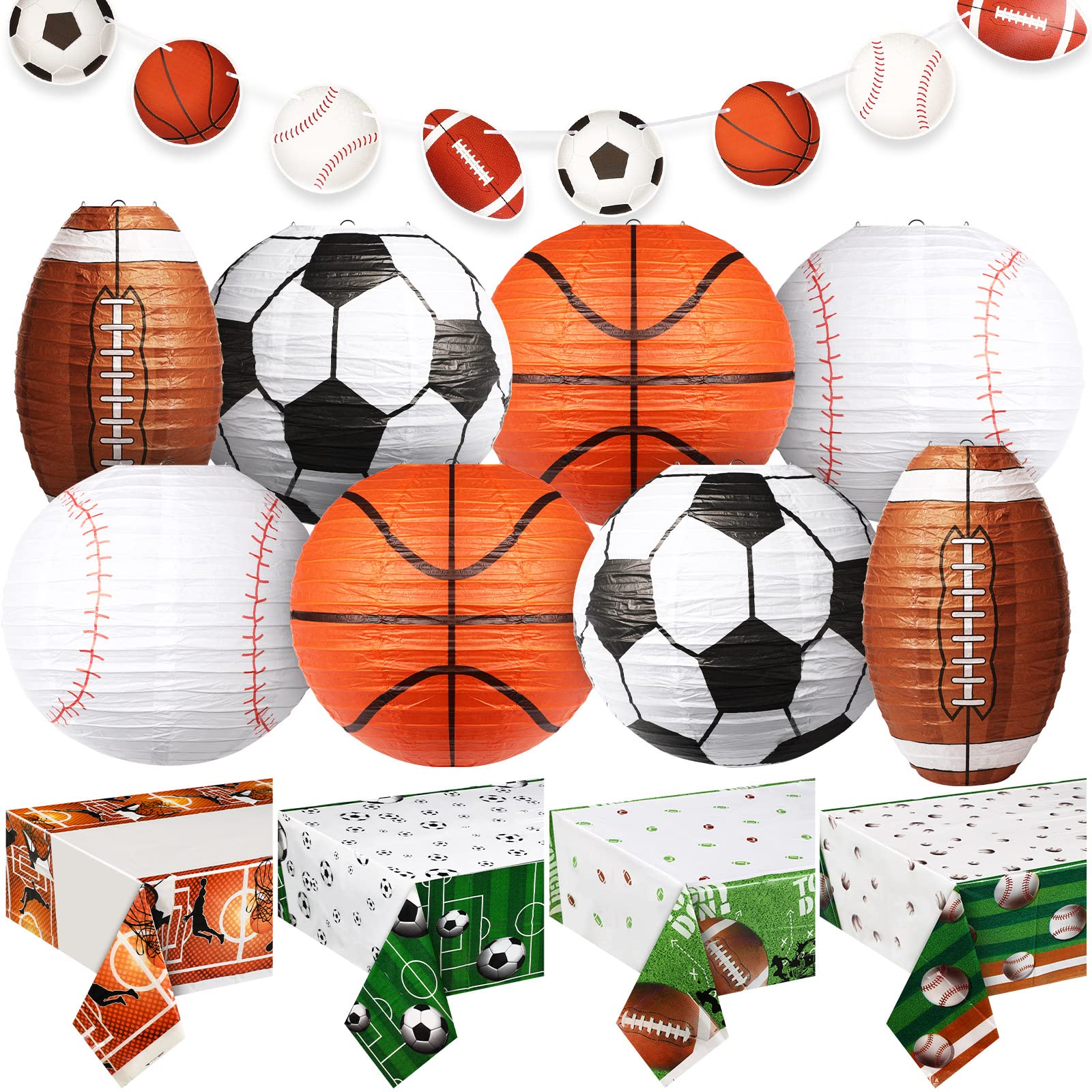 Sports Party Decorations Set Include 8 Pcs Sports Paper Lanterns Hanging Lanterns 4 Pcs Basketball Baseball Tablecloth Football Soccer Ball Table Cover 2 Pcs Sports Theme Banner for Kids Party Favors