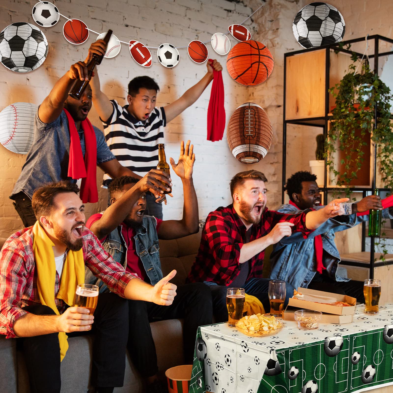 Sports Party Decorations Set Include 8 Pcs Sports Paper Lanterns Hanging Lanterns 4 Pcs Basketball Baseball Tablecloth Football Soccer Ball Table Cover 2 Pcs Sports Theme Banner for Kids Party Favors