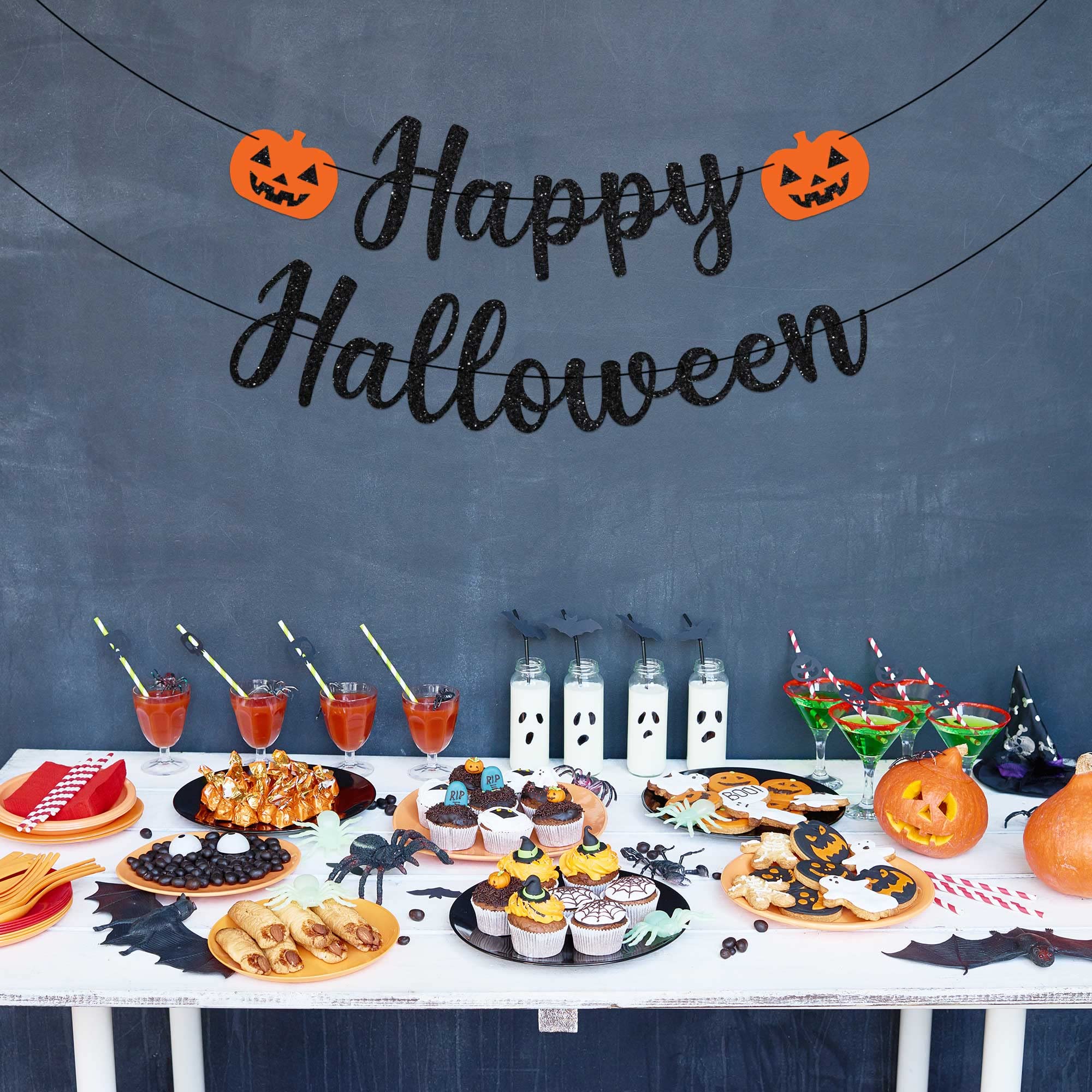 Pre-Strung Happy Halloween Banner - NO DIY - Black Glitter Halloween Banner - Pre-Strung Garland on 6 ft Strand - Pumpkin Jack O'Lantern Halloween Party Decorations & Decor. Did we mention no DIY?