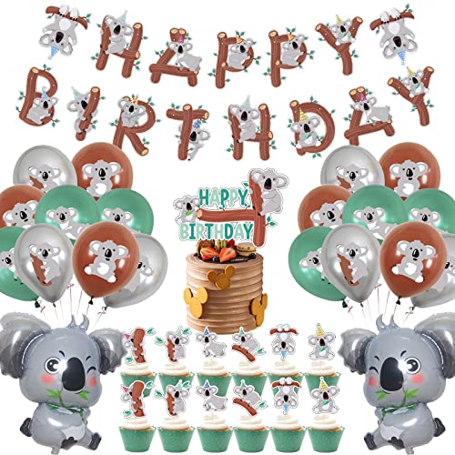 Moptrek Birthday Party Decorations Supplies with Koala Birthday Banner,Koala Foil and Latex Balloons,Cake Topper and Cupcake Toppers for Kids Koala Themed Birthday Party or Baby Shower Decorations