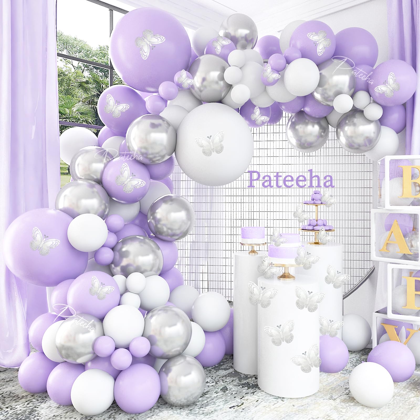 Pateeha Purple Balloon Garland Kit 140 Pcs Lavender White Silver Balloon Arch Butterfly Stickers 12Pcs for Birthday Bridal Shower Purple Baby Shower Decorations for Girl