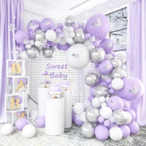 Pateeha Purple Balloon Garland Kit 140 Pcs Lavender White Silver Balloon Arch Butterfly Stickers 12Pcs for Birthday Bridal Shower Purple Baby Shower Decorations for Girl