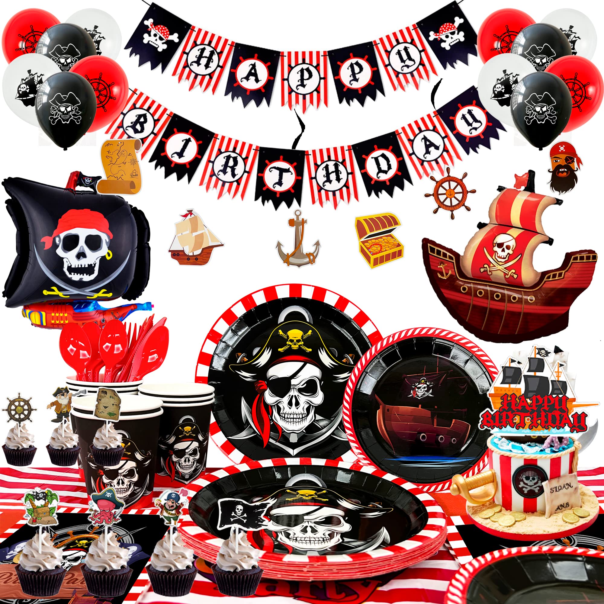 Pirate Birthday Party Supplies,161pcs Pirate Party Decorations&Tableware Set-Pirate Haging Swirln&Pirate Plates Cups Napkins Tablecloth Banner Balloons etc Pirate Birthday Party Decorations for Boys