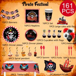 Pirate Birthday Party Supplies,161pcs Pirate Party Decorations&Tableware Set-Pirate Haging Swirln&Pirate Plates Cups Napkins Tablecloth Banner Balloons etc Pirate Birthday Party Decorations for Boys