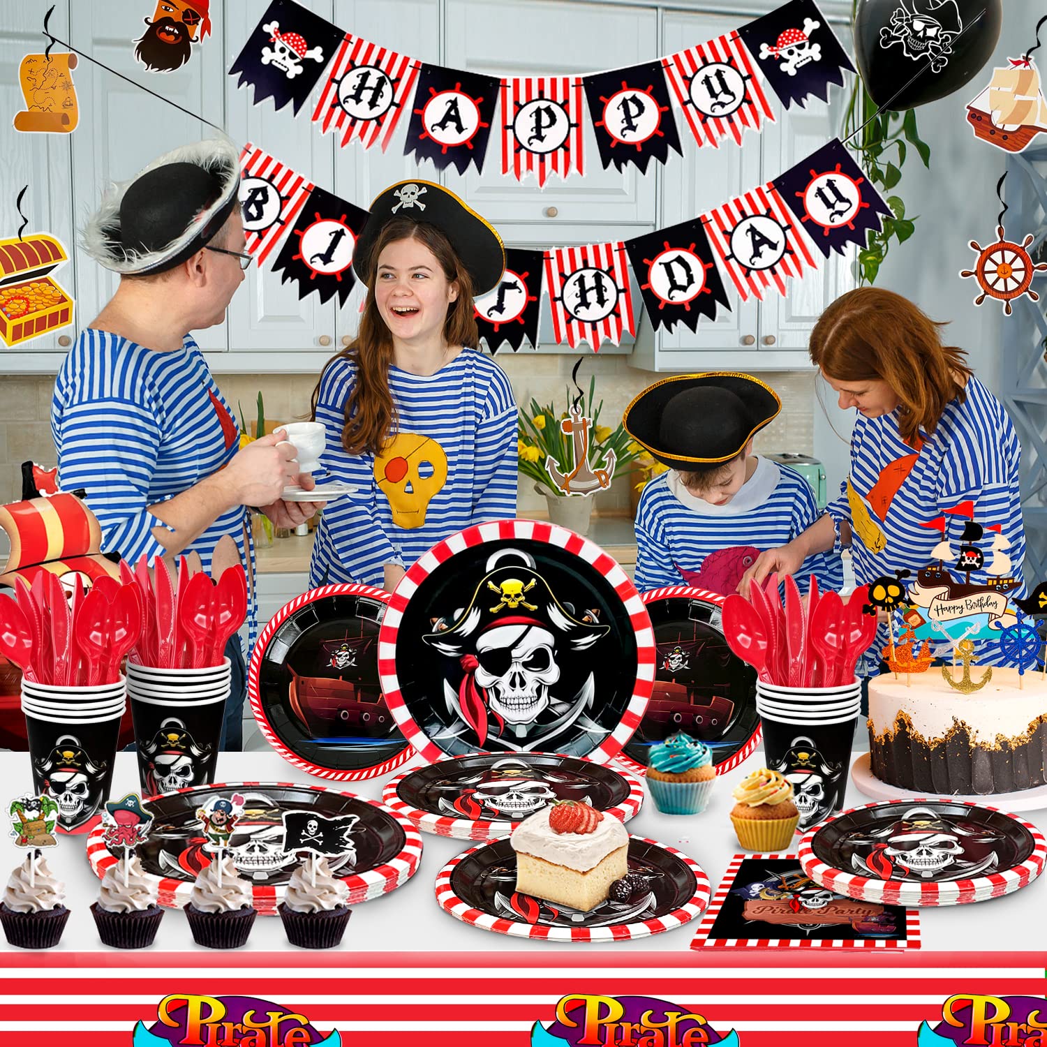 Pirate Birthday Party Supplies,161pcs Pirate Party Decorations&Tableware Set-Pirate Haging Swirln&Pirate Plates Cups Napkins Tablecloth Banner Balloons etc Pirate Birthday Party Decorations for Boys