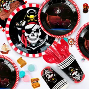 Pirate Birthday Party Supplies,161pcs Pirate Party Decorations&Tableware Set-Pirate Haging Swirln&Pirate Plates Cups Napkins Tablecloth Banner Balloons etc Pirate Birthday Party Decorations for Boys