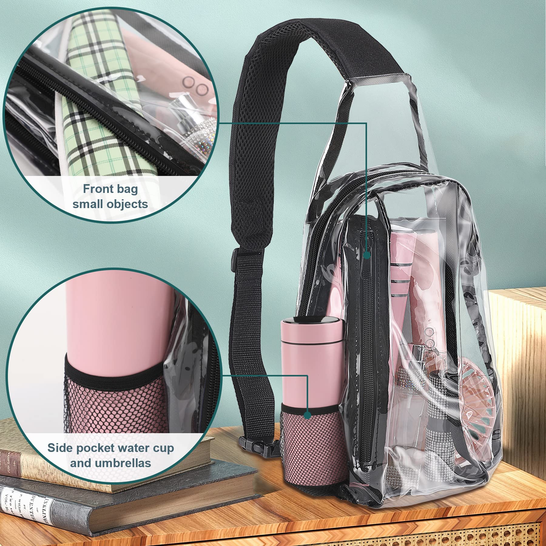 JULMELON Clear Sling Bag, Clear PVC Crossbody Chest Bag Stadium Approved, Backpack with Adjustable Strap for Men Women Hiking, Stadium or Concerts