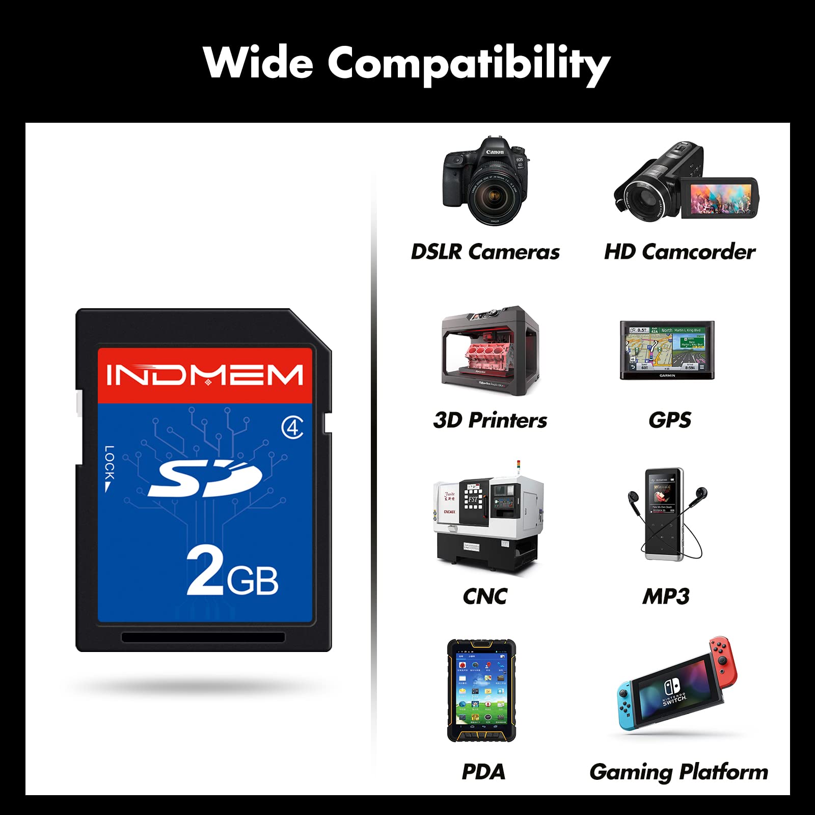 INDMEM SD Card 2GB Class 4 Flash Memory Card 2G SLC Stanard Secure Digital Cards (1PC)