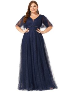 ever-pretty plus women's a line illsuion tulle floor-length plus size dance party dress navy us24