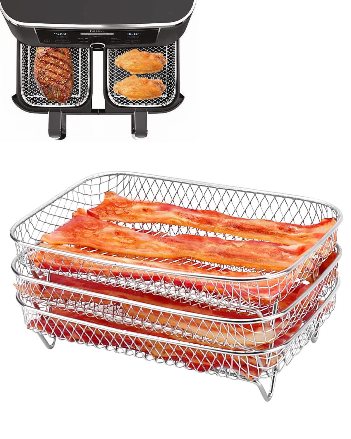 Air Fryer Rack for Ninja Foodi Air Fryer, 304 Stainless Steel Three Stackable Dehydrator Rack Toast Rack Stand Accessories for Ninja DZ201 DZ401 Dual Air Fryer