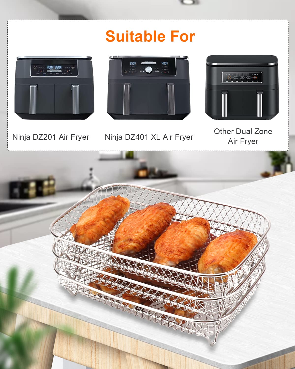 Air Fryer Rack for Ninja Foodi Air Fryer, 304 Stainless Steel Three Stackable Dehydrator Rack Toast Rack Stand Accessories for Ninja DZ201 DZ401 Dual Air Fryer