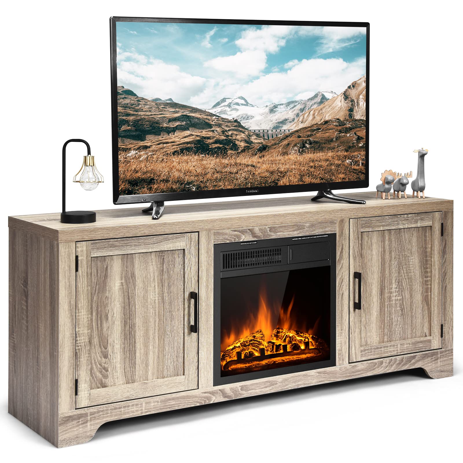 Tangkula 58-Inch Fireplace TV Stand, Media Entertainment Center with TVs up to 65 Inches, 750W/1500W 18-Inch Electric Fireplace with 7-Level Flame Brightness, Dual Control, Farmhouse TV Console