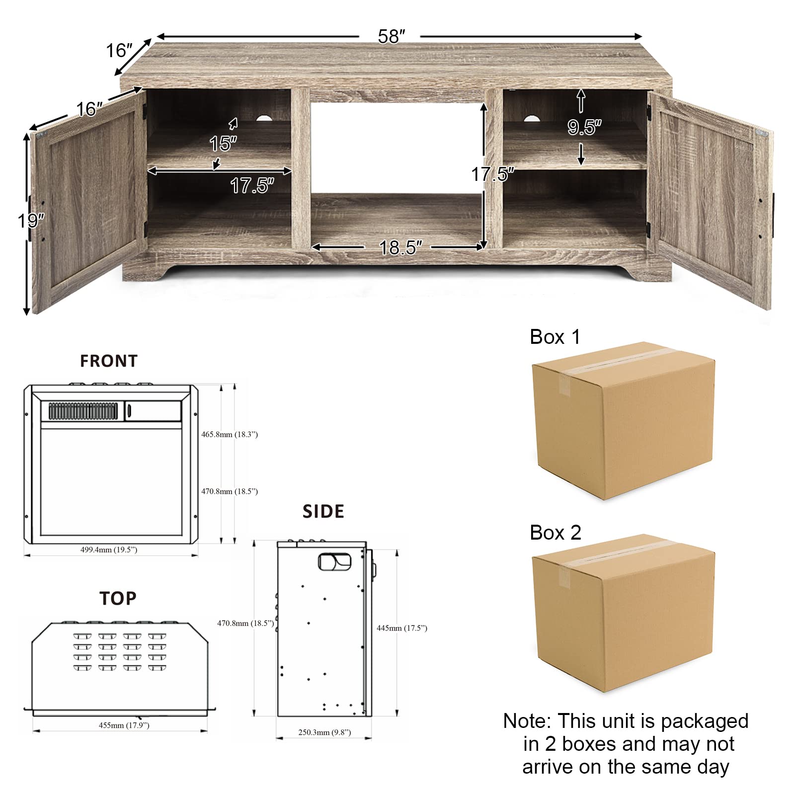 Tangkula 58-Inch Fireplace TV Stand, Media Entertainment Center with TVs up to 65 Inches, 750W/1500W 18-Inch Electric Fireplace with 7-Level Flame Brightness, Dual Control, Farmhouse TV Console