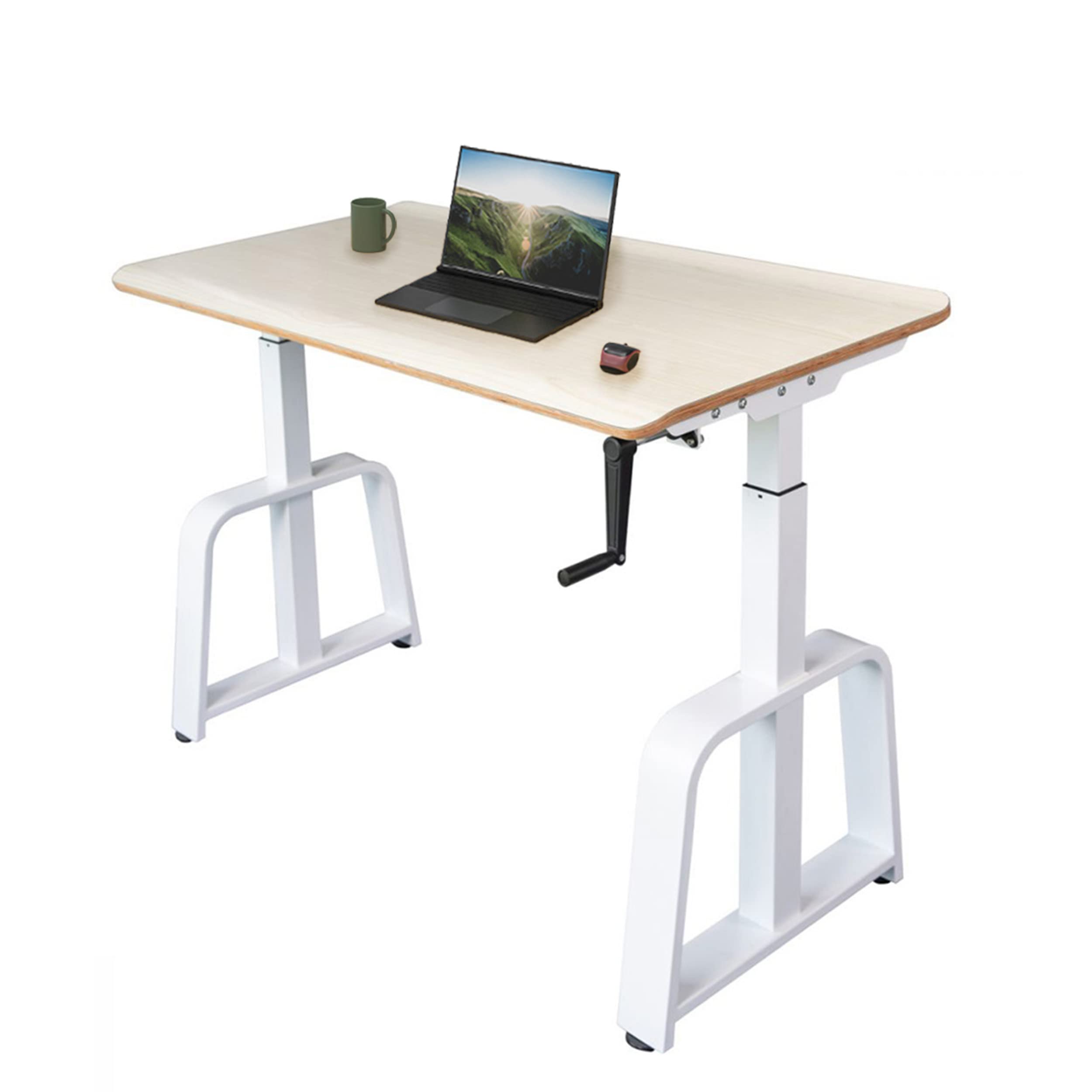 Stand Up Desk Store Crank Adjustable Ergonomic Standing Desk (White Frame/Antique Birch Desktop, 48” Wide)